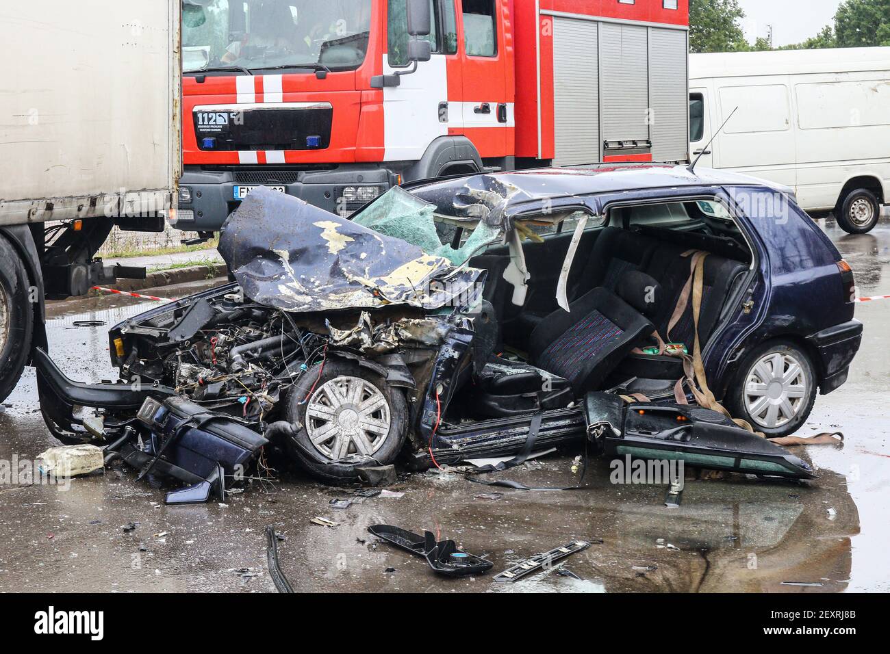 Auto accident. Crashed car in the street. Damaged car after collision ...