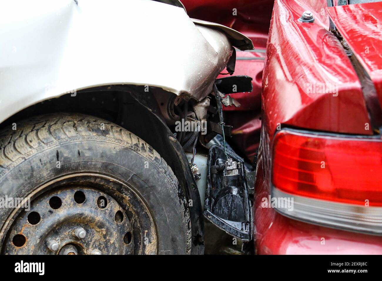 Car accident in the street. Smashed auto after car collision Stock ...
