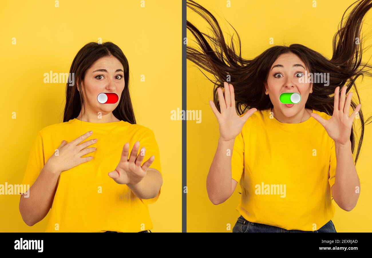 Expressive life. Mood switch on female face. Happy and angry, splitting ...