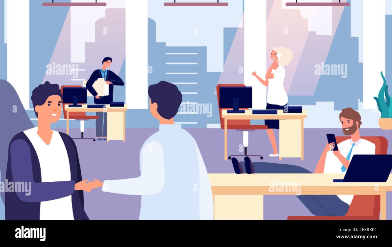 Office routine. Happy people at work. Greeting new employee, office ...