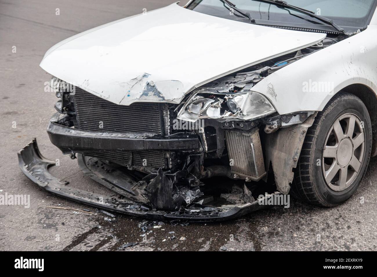 Car accident in the street. Smashed auto after car collision Stock ...