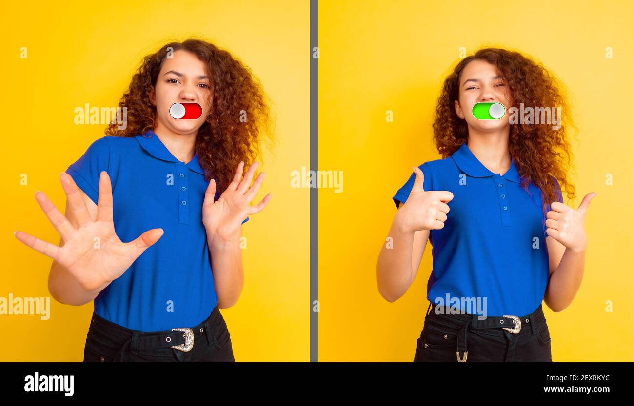 Capricious. Mood switch on female face. Happy and angry, splitting ...