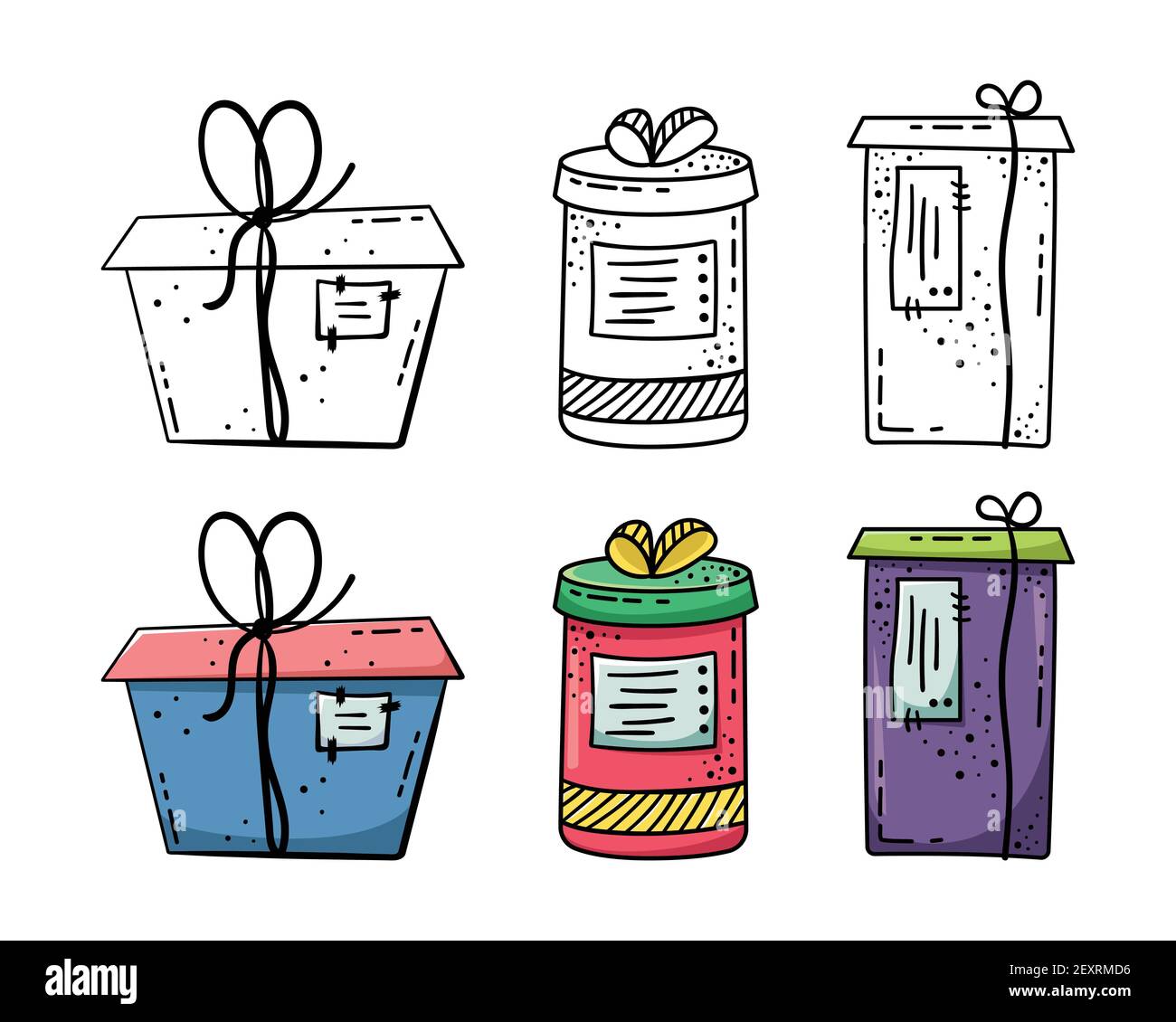 Doodle illustrations of beautiful gift boxes. A gift packed in a ...