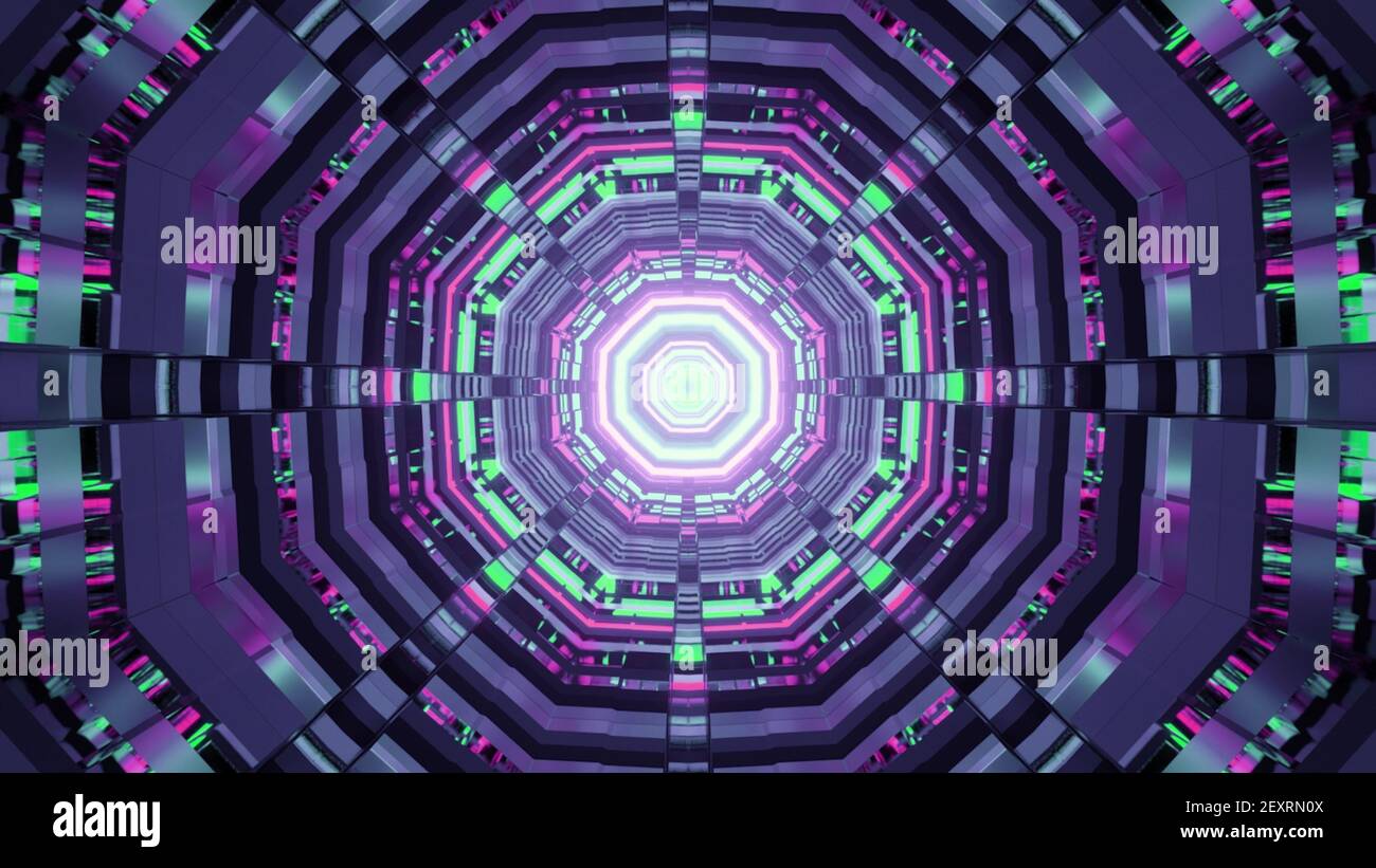 3d illustration of endless geometric corridor with neon lights Stock ...