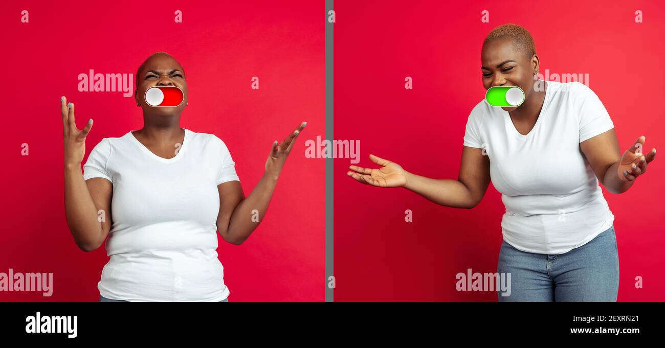 Breaking down. Mood switch on female face. Happy and angry, splitting ...