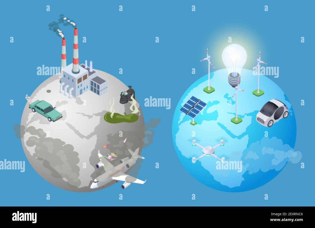 Pollution planet problem. Pollution vs clean earth. Isometric ...