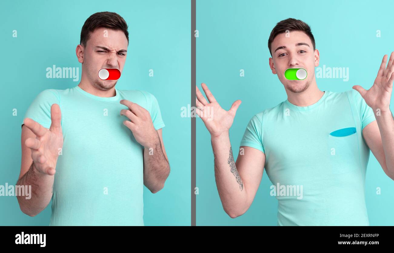 Unpredictable. Mood switch on male face. Happy and angry, splitting ...