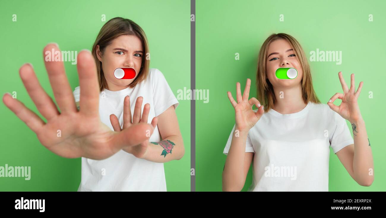 Keep calm. Mood switch on female face. Happy and angry, splitting ...