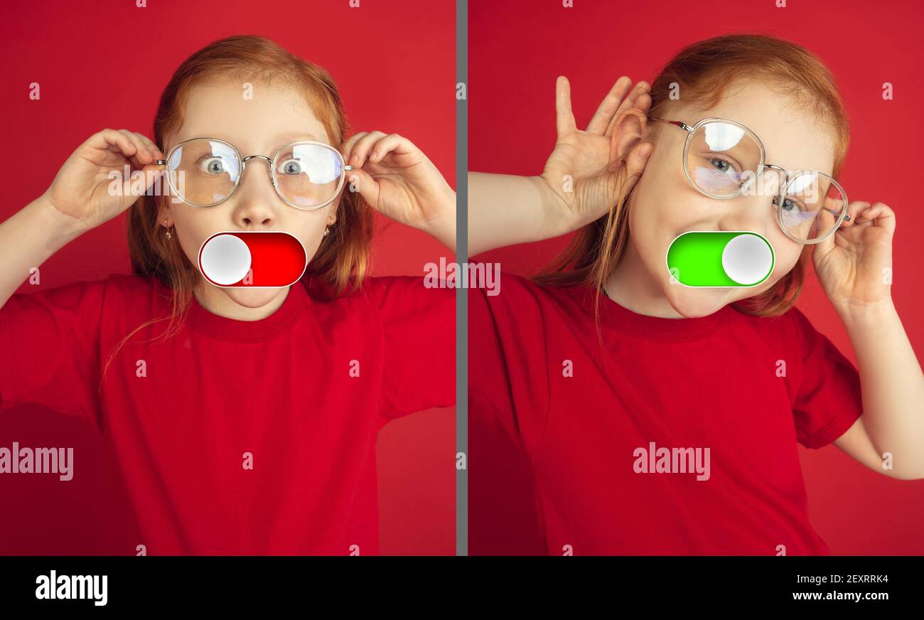 Smart girl. Mood switch on female face. Happy and angry, splitting ...