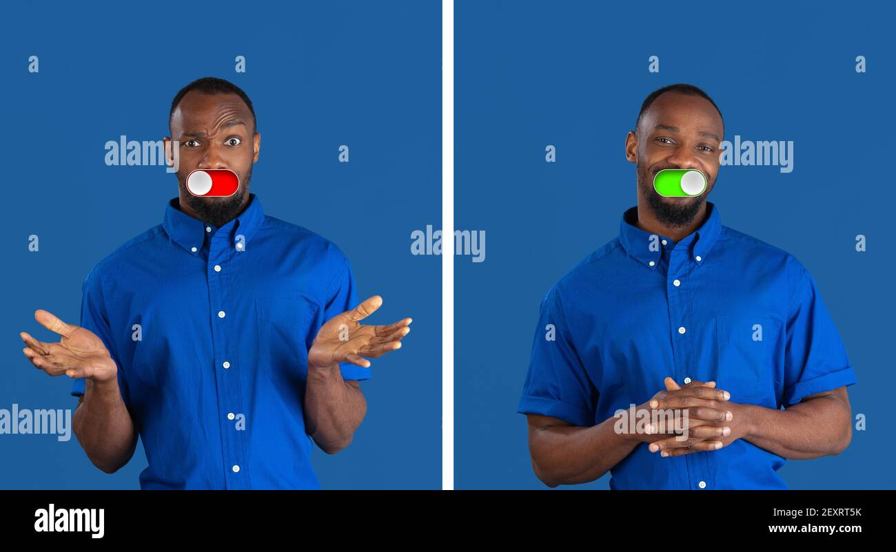 Can't hold out. Mood switch on male face. Happy and angry, splitting ...