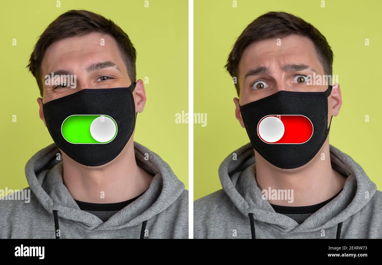 Face mask check. Mood switch on male face. Happy and angry, splitting ...
