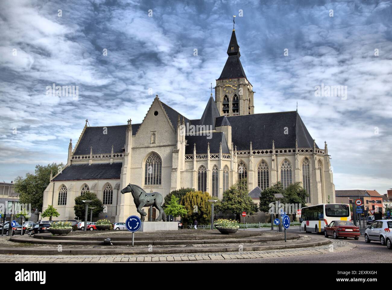 Church and the statue of horse in the centre of Vilvoorde - city near ...