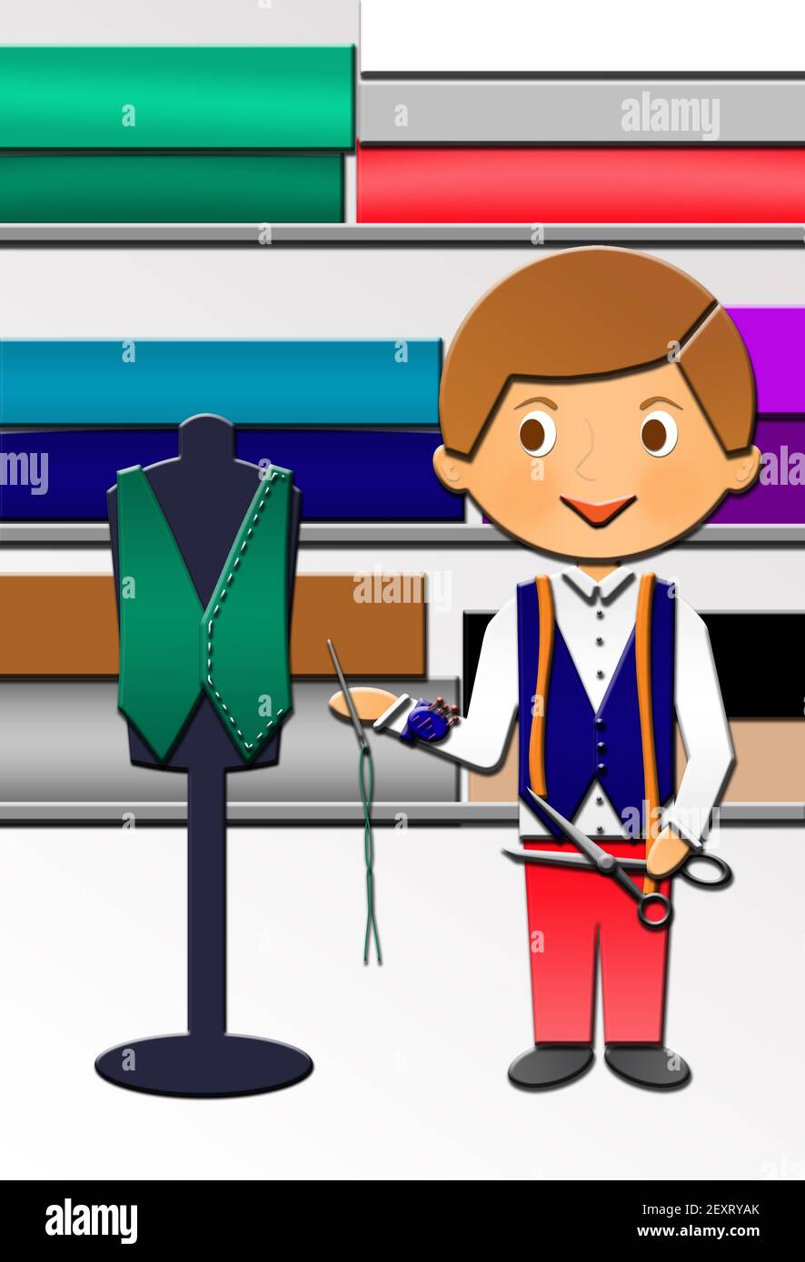 Cartoon of a cute Happy Tailor, with scissors in his Tailoring Studio ...