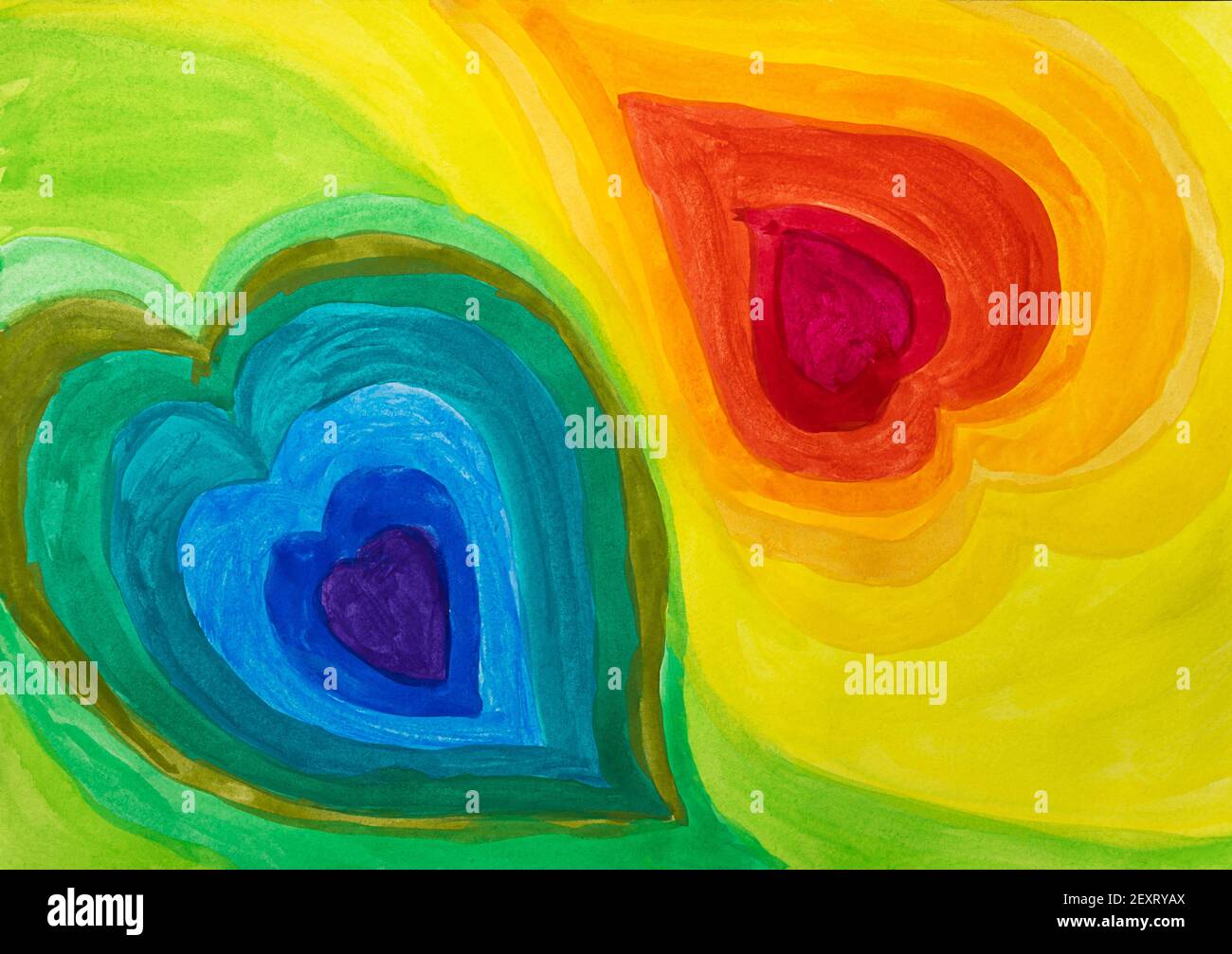 Abstract image with two multicolored hearts painting with watercolors ...