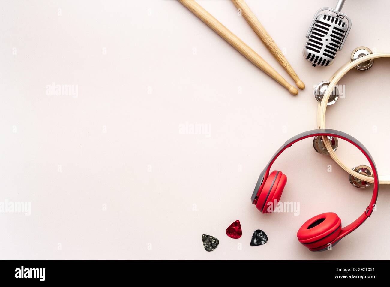Top view of musical instrument with eadphones, flat design background ...
