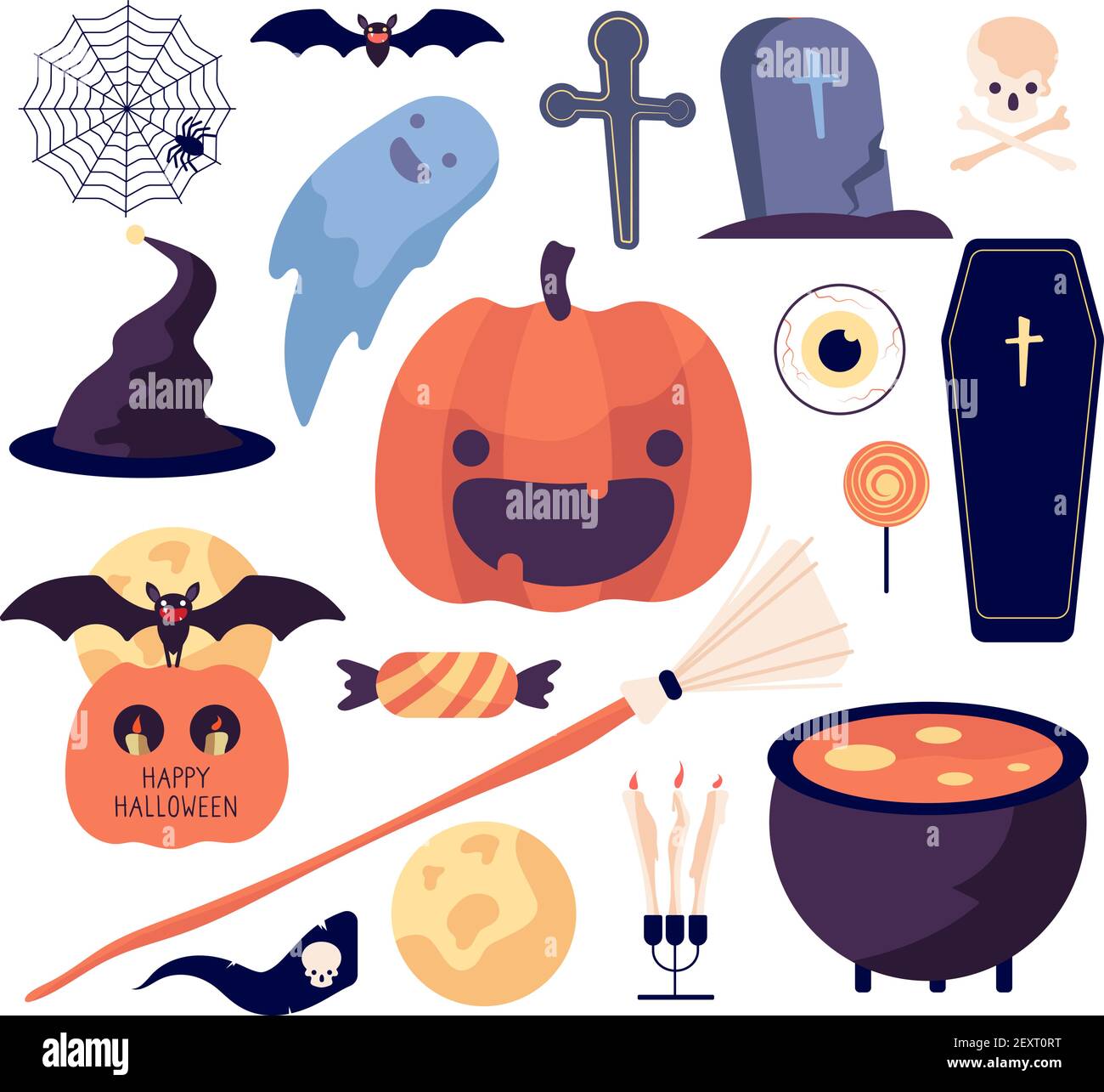 Halloween set. Spider web and pumpkin, bat and coffin, grave and moon ...