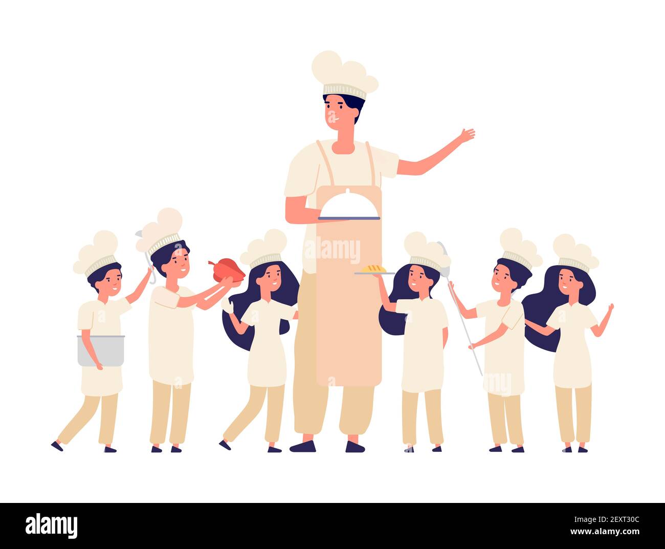 Children cooks. Teacher chef, cooking lessons for kids. Happy boy, girl ...