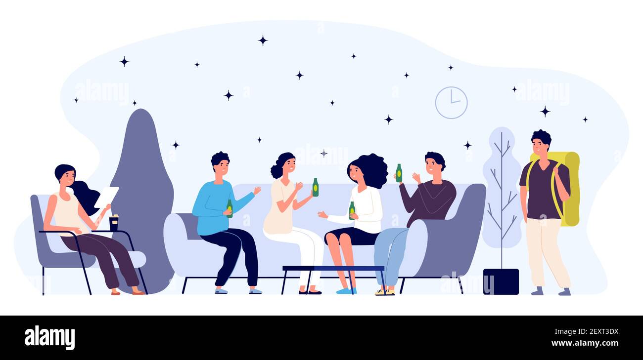 Hostel lounge concept. Happy young people flat characters, tourist ...