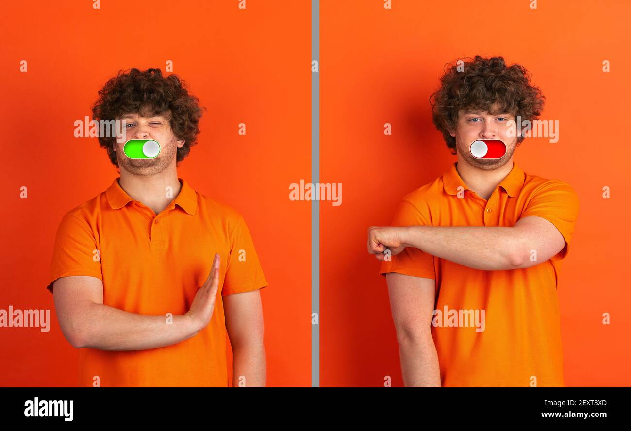 Anger management. Mood switch on male face. Happy and angry, splitting ...