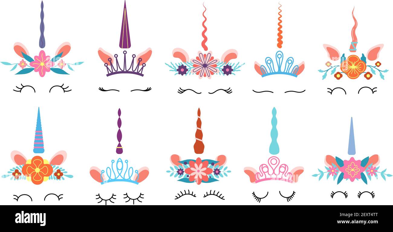 Unicorn face. Different cute funny unicorns heads with magic horn and ...