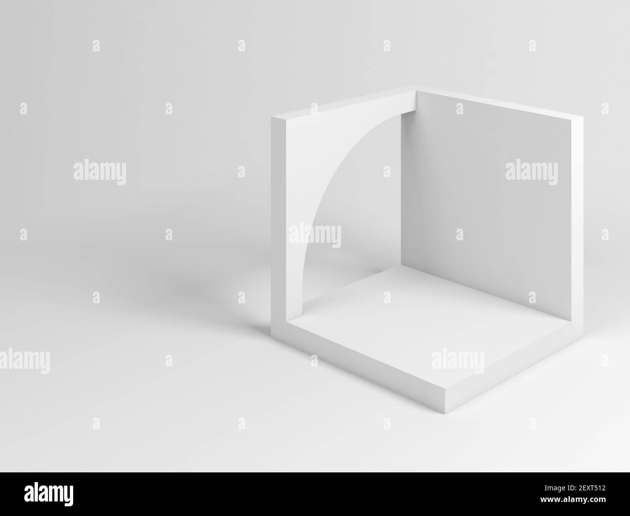Abstract white architectural installation with an empty cube block with ...