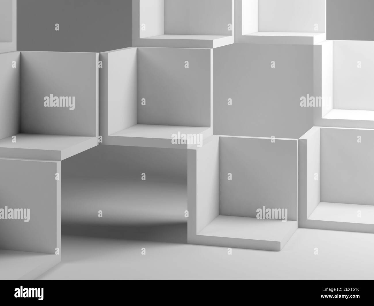 Abstract geometric background with installation of white empty cube ...