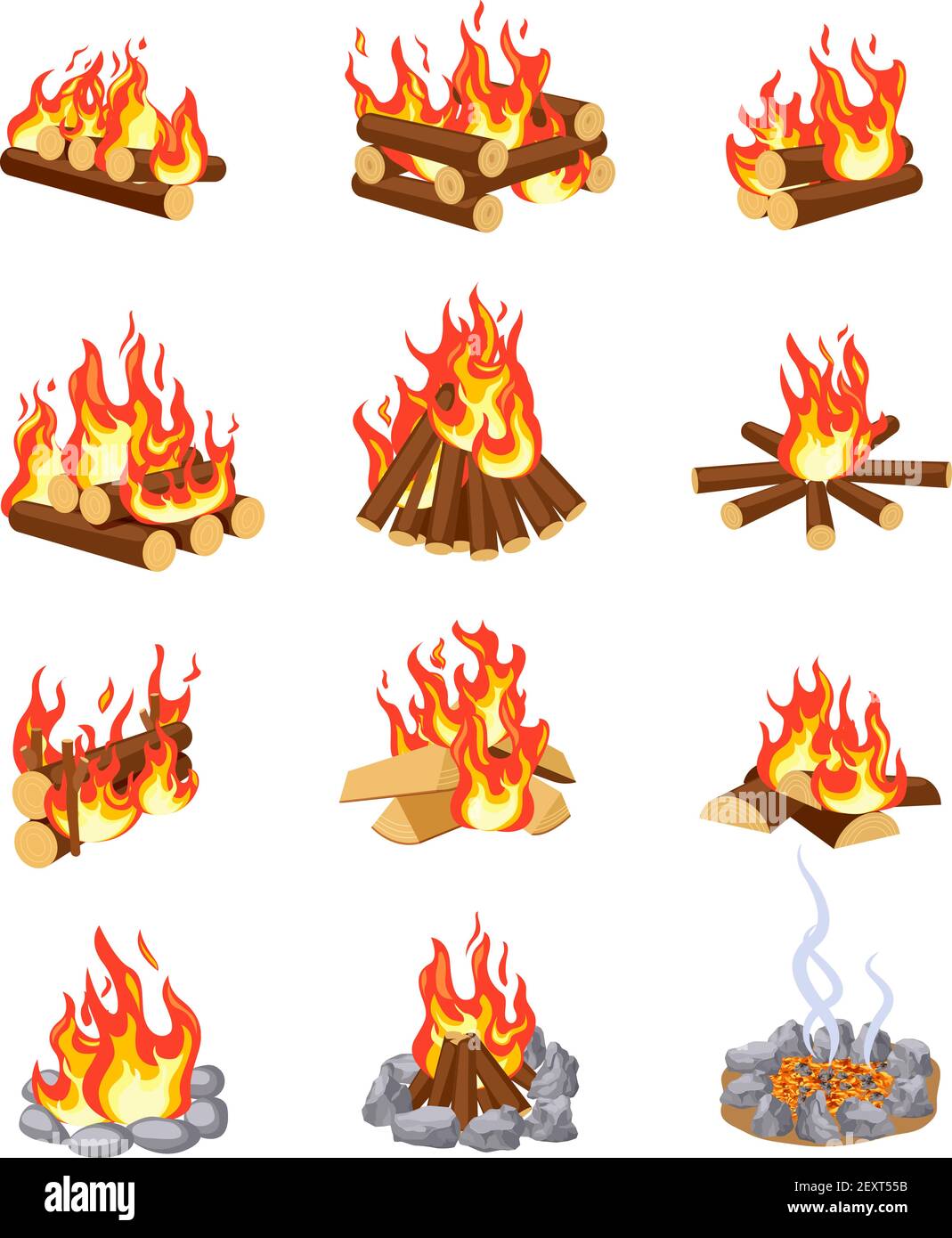 Cartoon bonfire. Summer campfires flame with firewood. Burning stacked ...