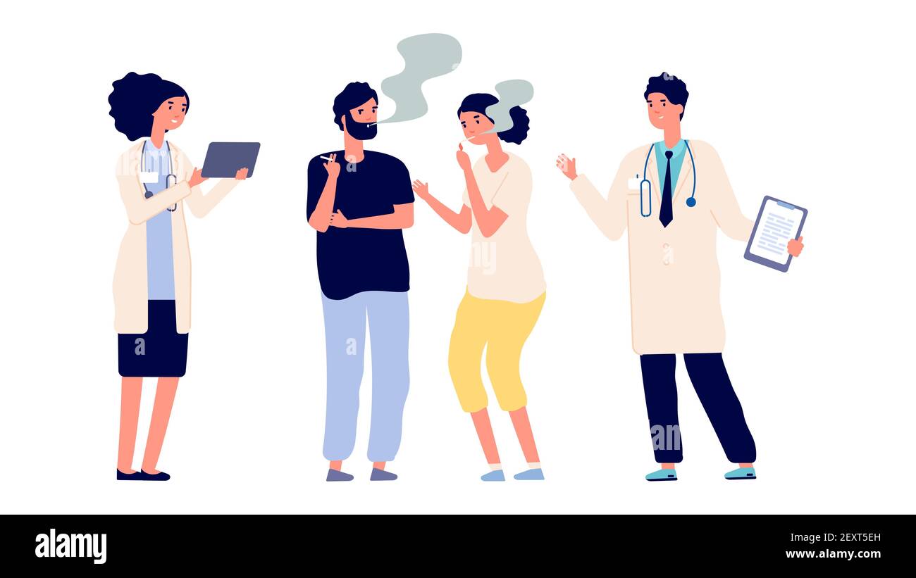 Doctors and smokers. Drug addiction. Vector male female characters ...