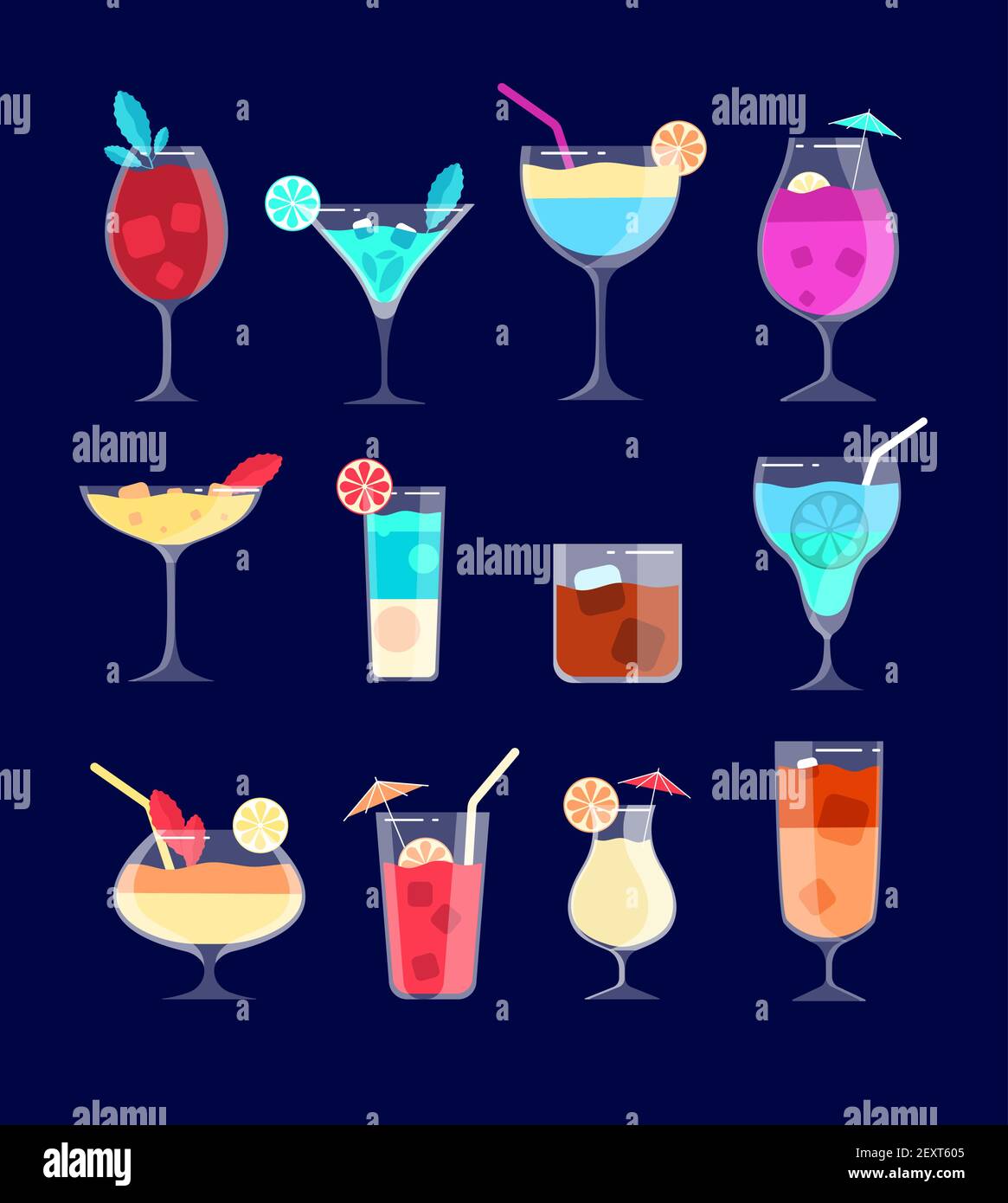 Cocktail Set Iced Alcohol Drinks In Glasses With Straw Lemon