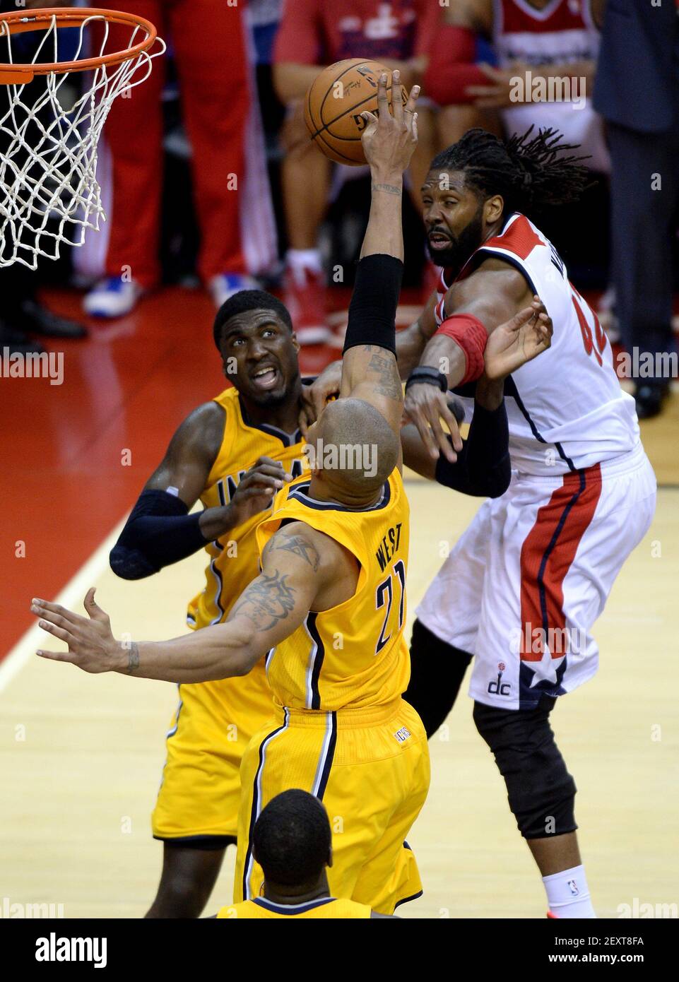 Indiana Pacers forward David West (21), Pacers center Roy Hibbert (55 ...