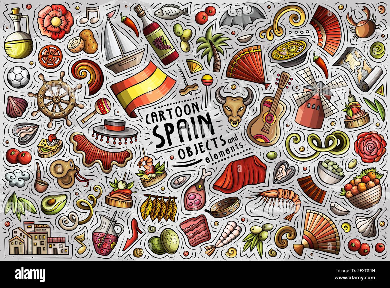 Colorful vector hand drawn doodle cartoon set of Spain theme items ...