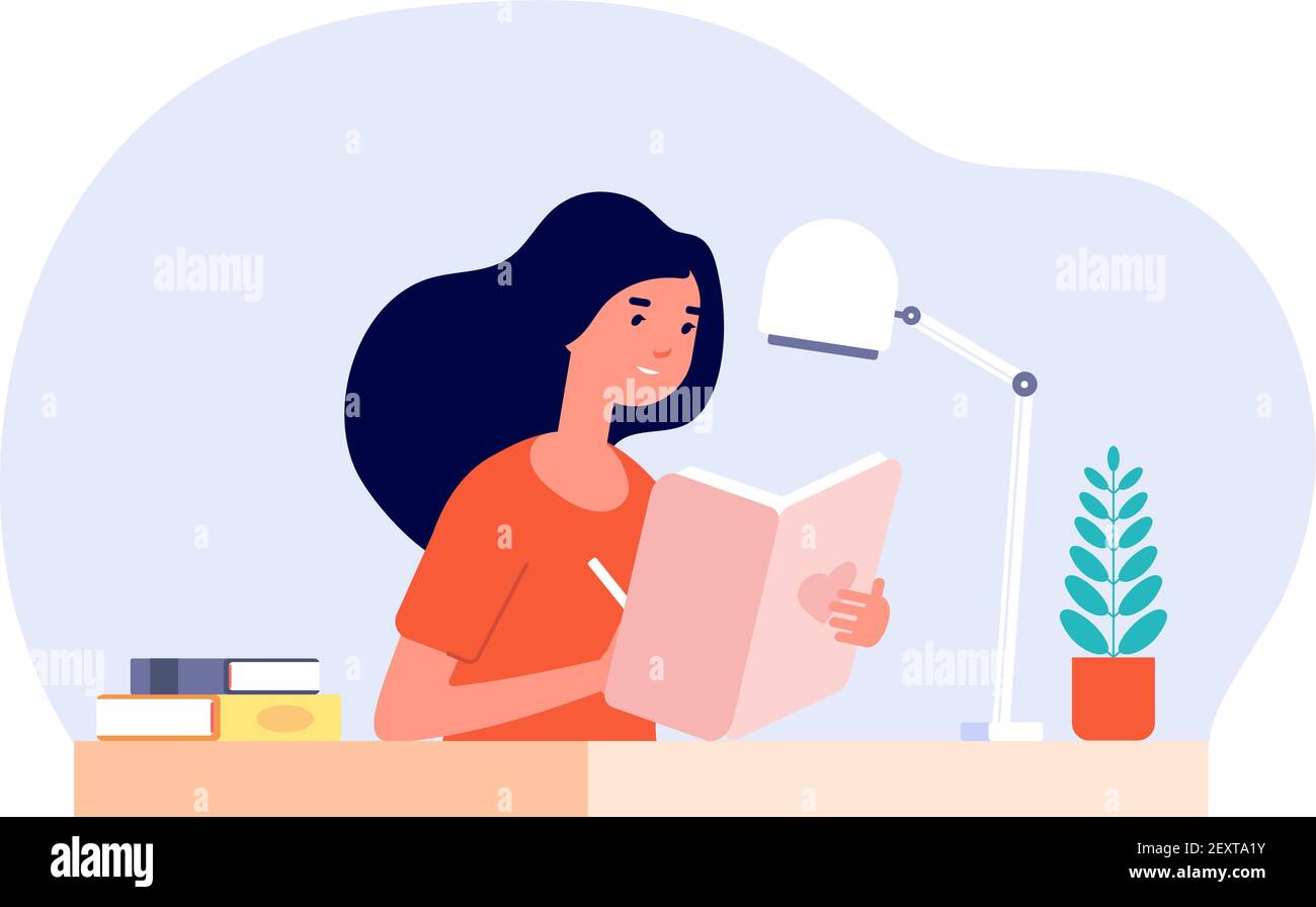 Girl diary. Woman write journal. Student studying with book. Teenager ...