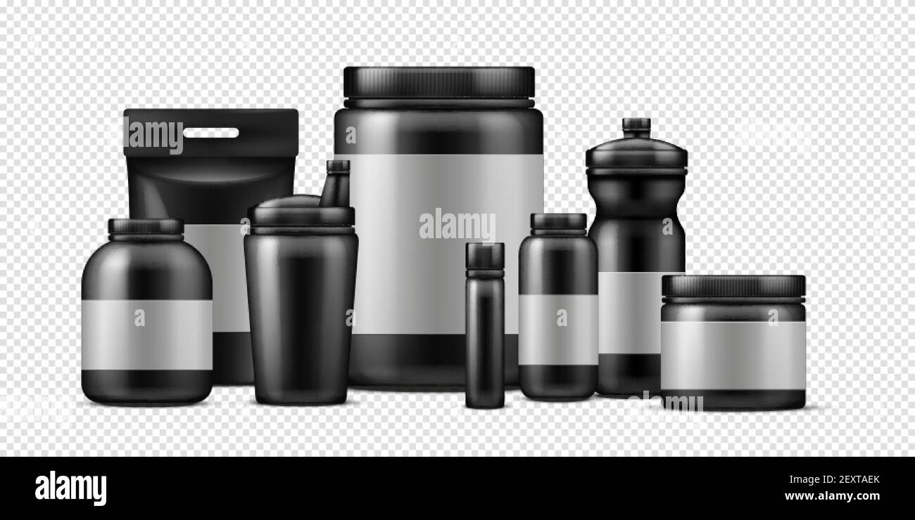 Sport food containers. Vector protein powder container and plastic ...