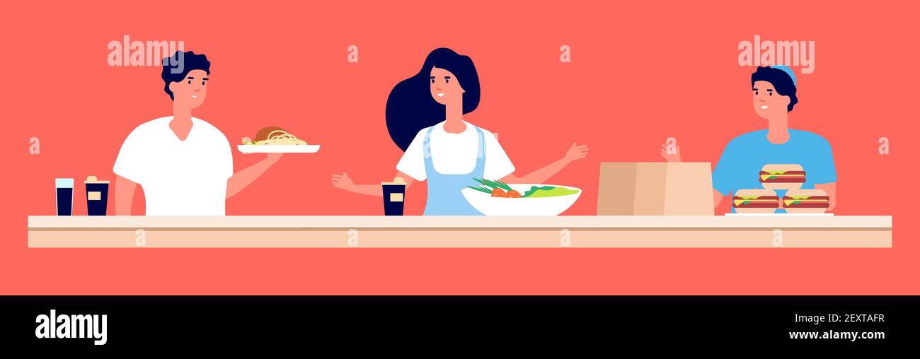 Reataurant staff. Fast food workers with dishes and drinking. Vector ...