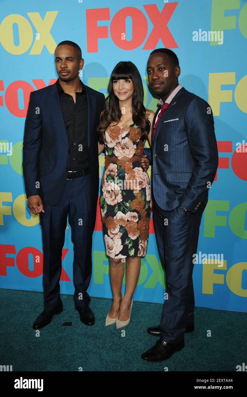 L-R: Damon Wayans Jr., Hannah Simone, Lamorne Morris attend the 2014 Fox Upfront Presentation ...