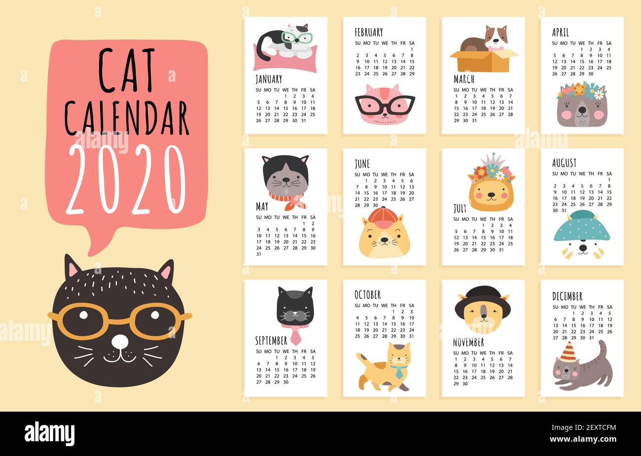 Cat calendar. 2020 monthly planner with cute cartoon cats. Funny ...