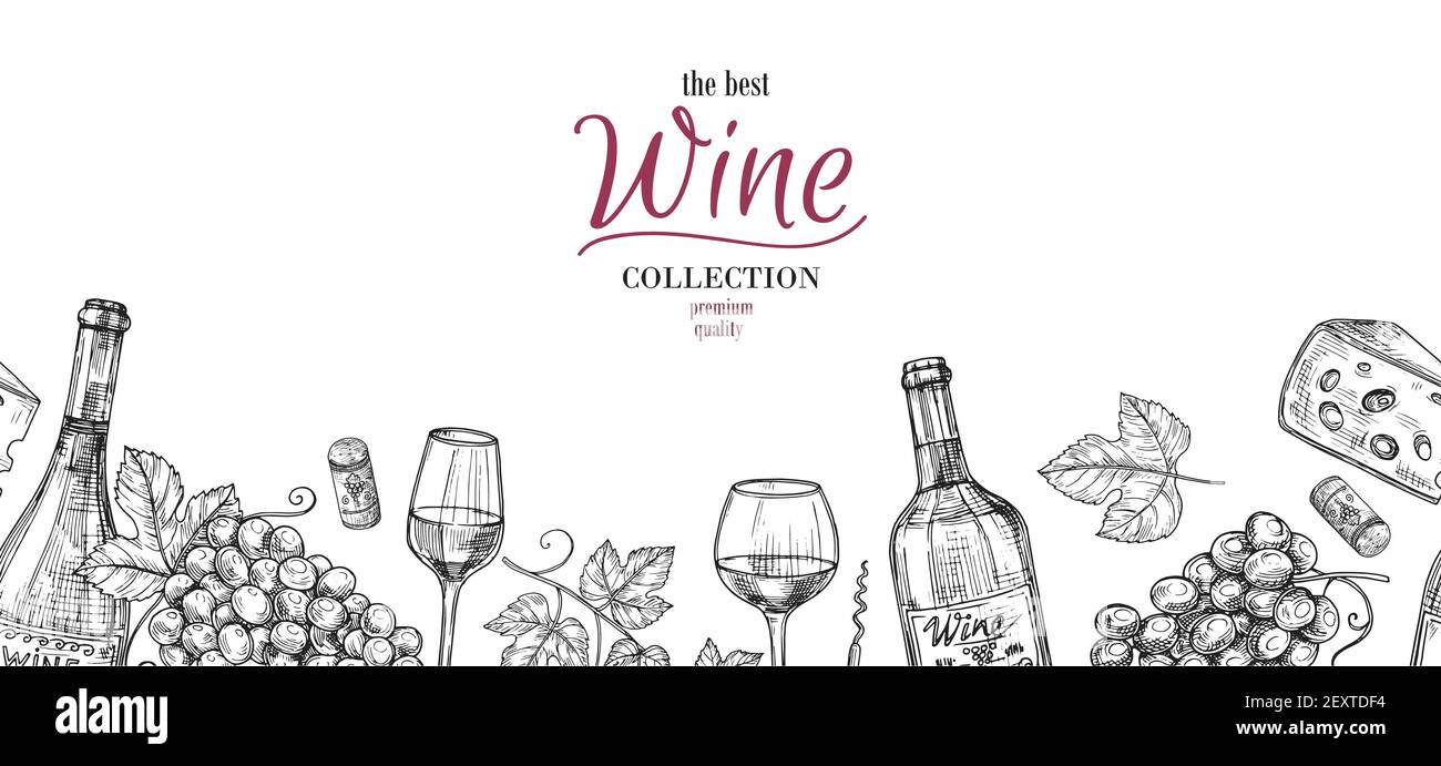 Sketch wine. Drawing drinks, grapes, bottles seamless border. Alcoholic ...
