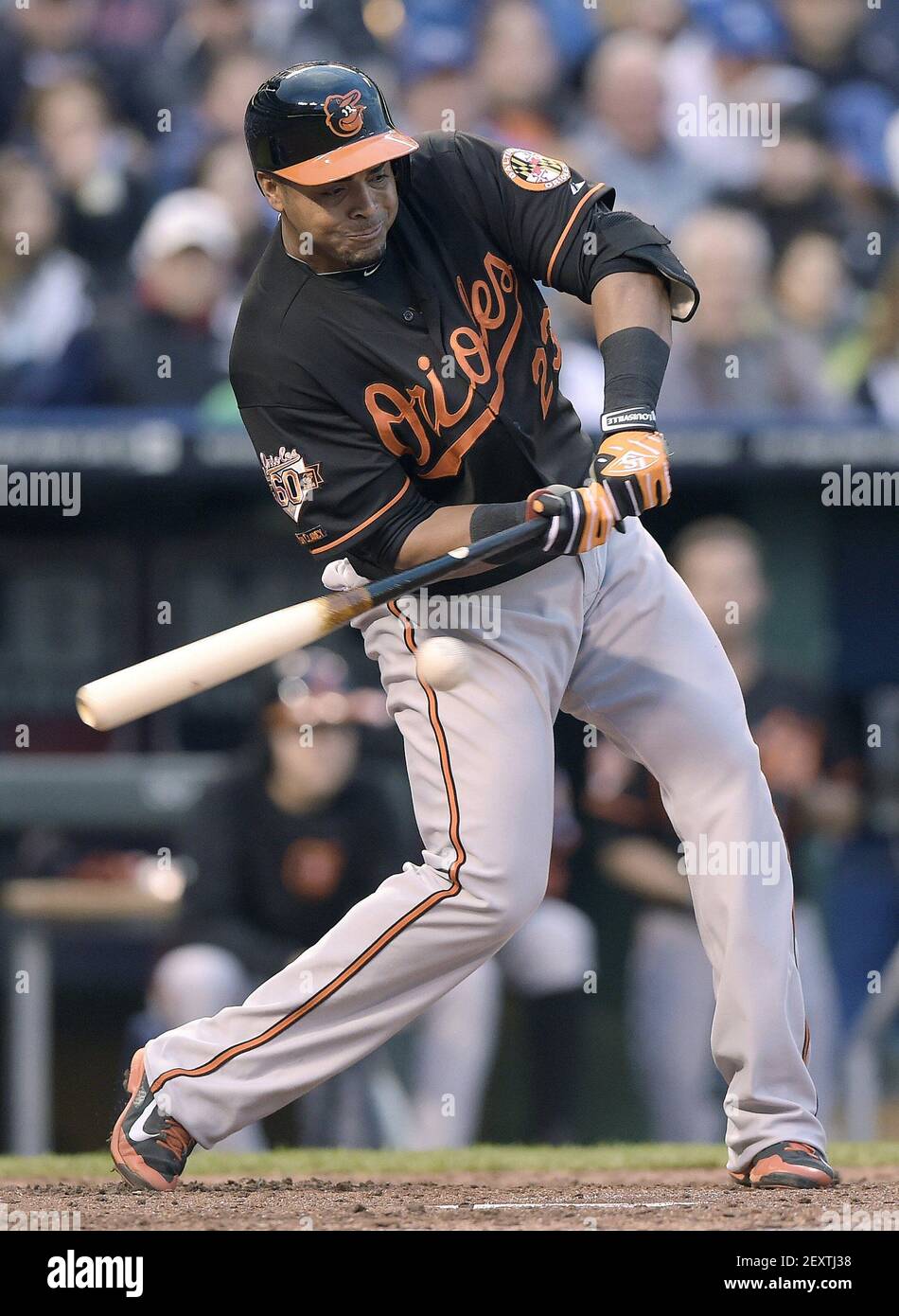 The Baltimore Orioles' Nelson Cruz drives in a run on a base hit in the ...
