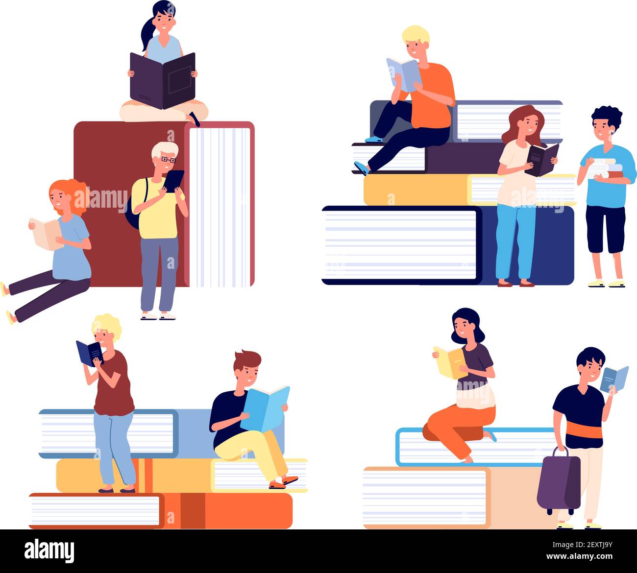 Children with books. Tiny school girls and boys with huge book. Kids ...