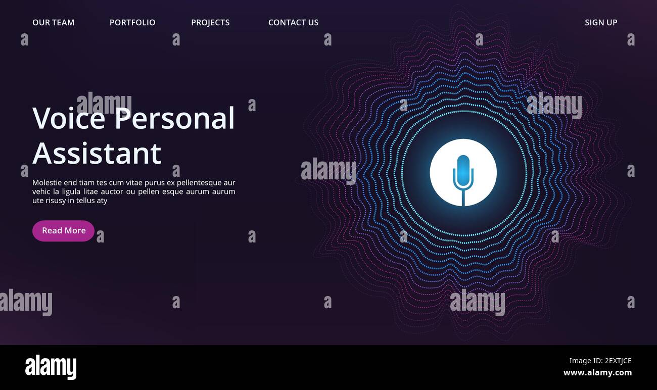 Voice assistant landing. Web page template with vector sound wave and ...