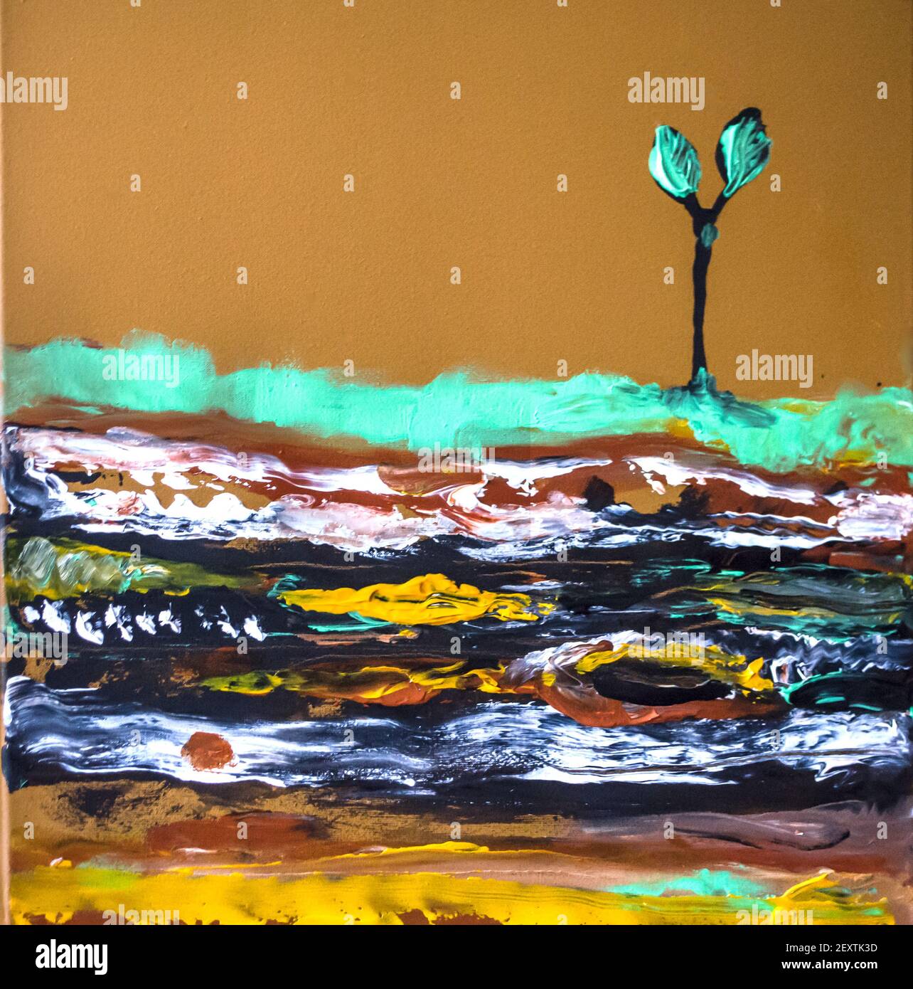 Green sprout grows from the ground. Acrylic painting is a square canvas ...
