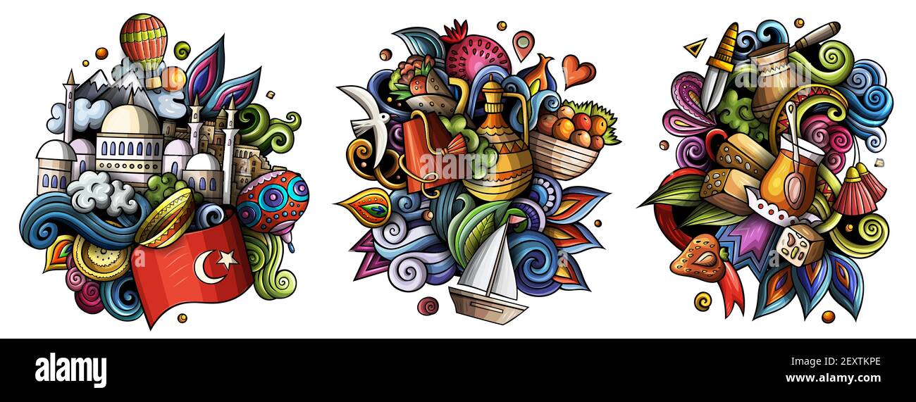 Turkey cartoon vector doodle designs set. Colorful detailed ...