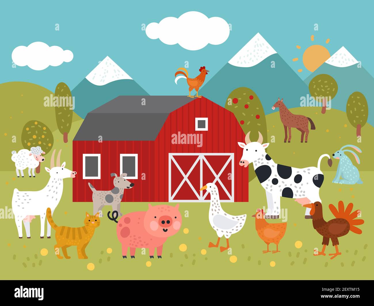 Cartoon farm. Goat, cat and pig, goose and chicken, cow and dog, turkey ...