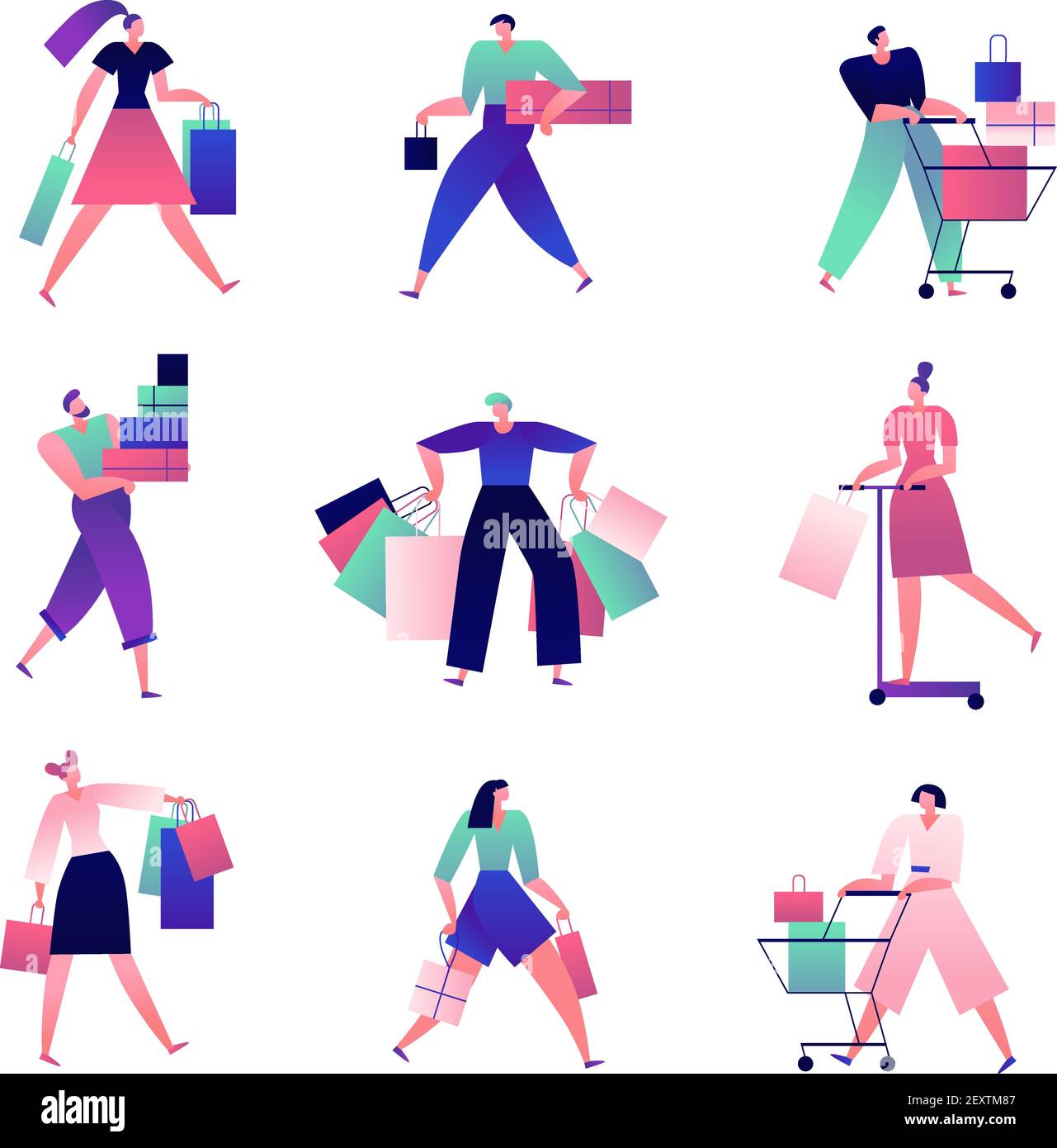 Shopping people. Man and woman with shopping bags and carts make lots ...