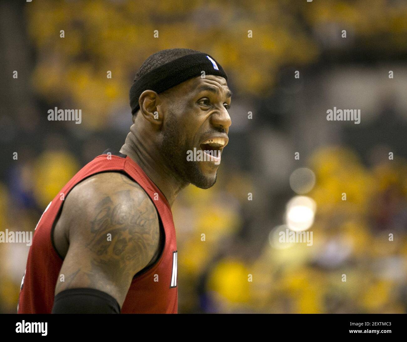Miami Heat LeBron James yells towards the bench in the fourth quarter ...