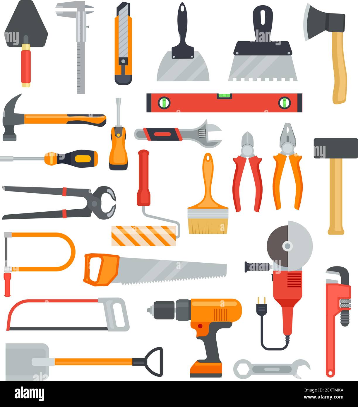 Flat work tools. Hammer and drill, ax and screwdriver. Pliers and saw ...