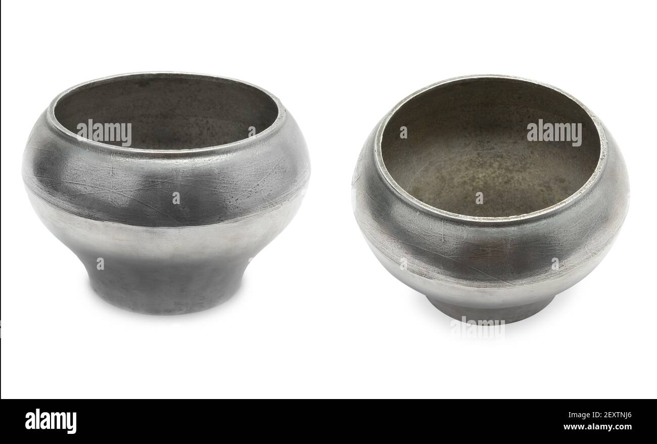 Panorama old metal pots from two foreshortenings isolated on white ...