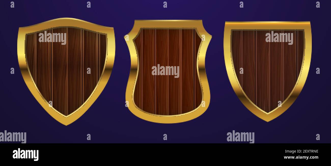 Realistic shields. Vector medieval shields with metal and wood ...