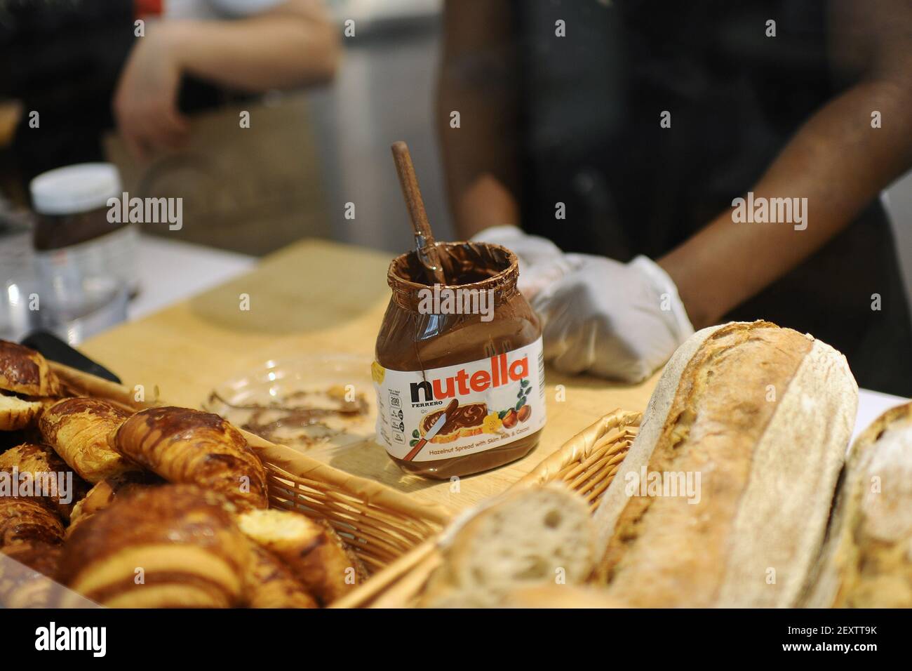 A jar of Nutella hazelnut chocolate spread stands on the counter at ...