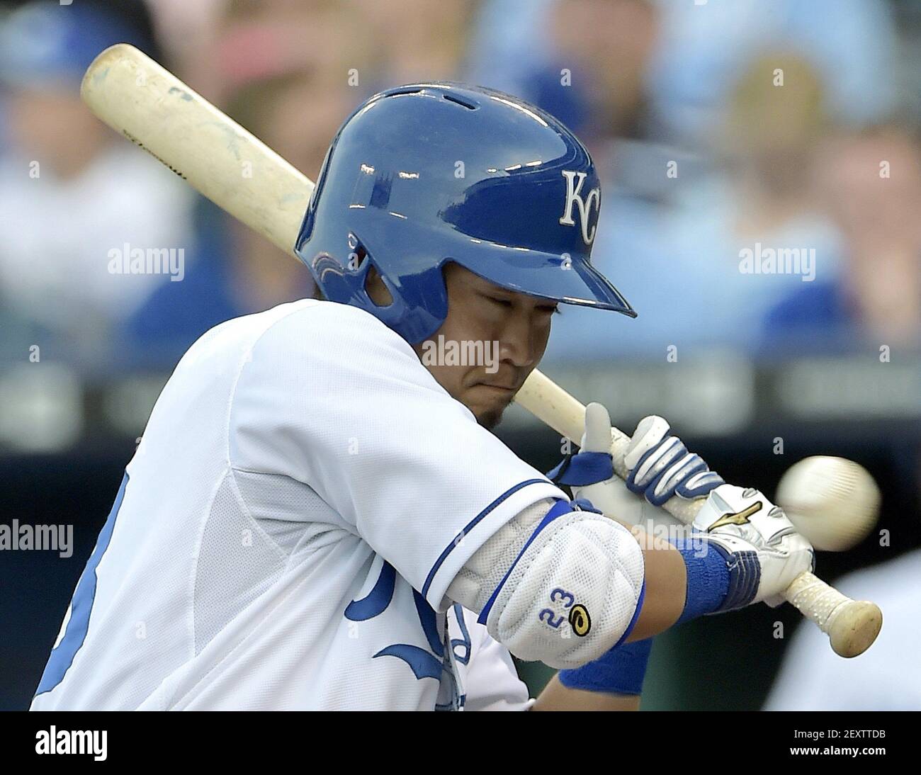 The Kansas City Royals' Norichika Aoki gets out of the way of an inside pitch in the first ...